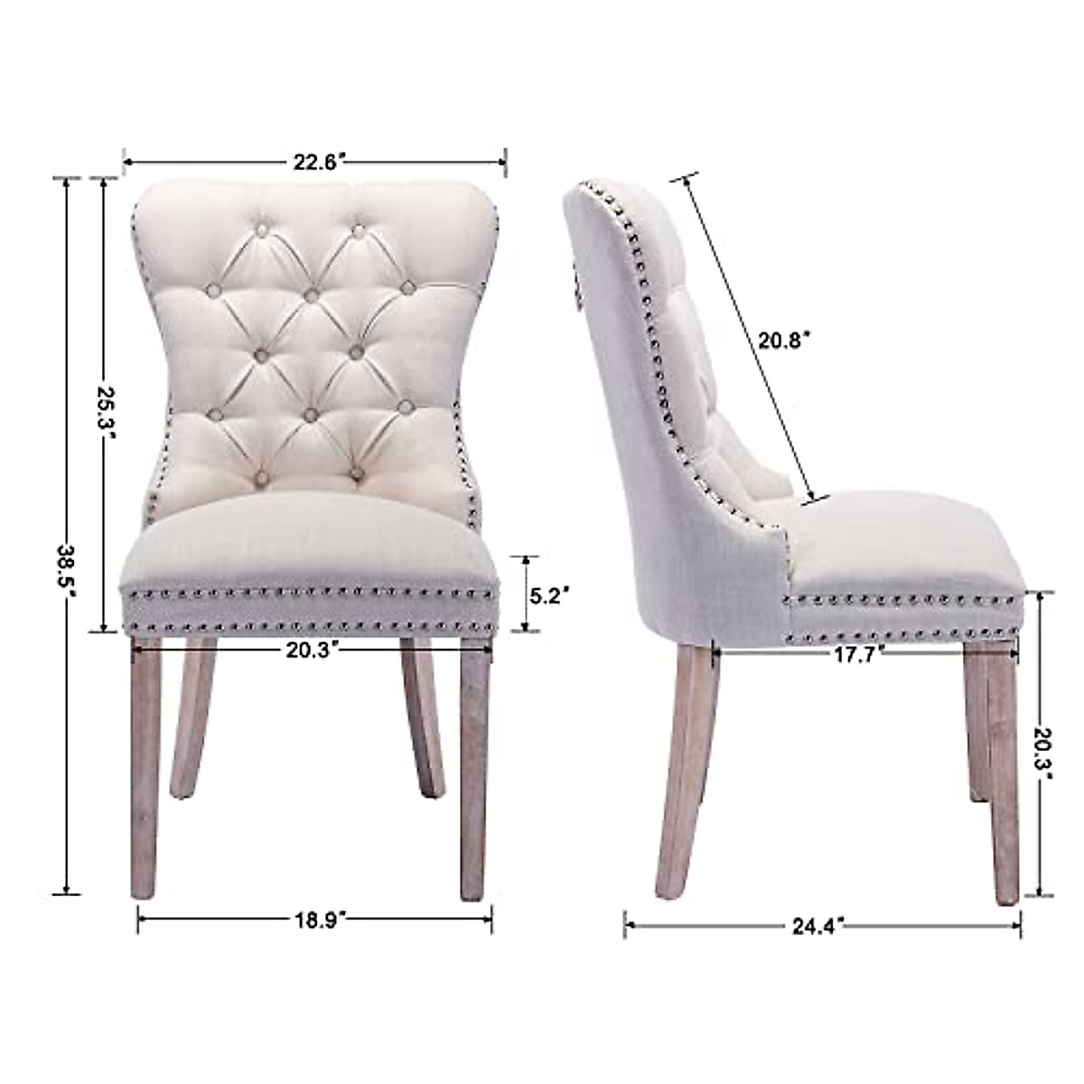chairus Dining Chairs Set of 2 with Tufted High Back Retro Linen Fabric Upholstered Dining Room Chairs Side Chairs Rustic White Wood Legs Nailhead Trim Ring Pull- Beige 2PCS