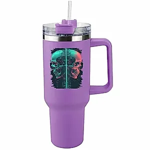 LB LEOBON 40 ounce insulated cup with handle, double-layer vacuum stainless steel material, equipped with straw, can keep warm or maintain cold drinks Neone Poppe Skeletons 2 Deep purple