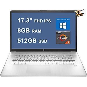 HP 17 Business Laptop Computer 17.3" FHD IPS Display AMD Hexa-Core Ryzen 5 5500U (Beats i7-1160G7) 8GB RAM 512GB SSD Fingerprint Reader USB-C Office365 Win10 Pro Silver + HDMI Cable