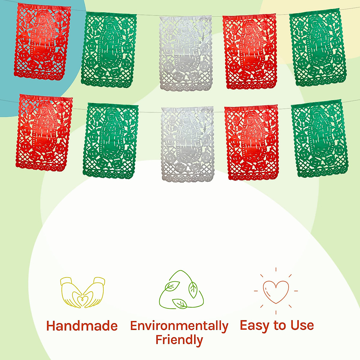 TexMex Fun Stuff - Mexican Banner Decorations, Mexican Party Decorations, Mexican Banner Papel Picado, Virgin of Guadalupe, Paper, 14 x 9 Inches per Flag, Set of 2