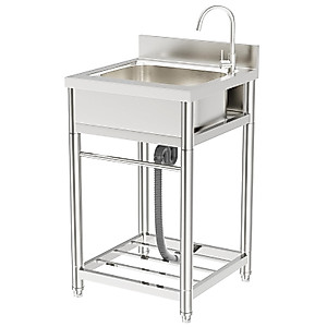 ROOMTEC 304 Stainless Steel Single Bowl Utility Sink Set, Commercial Restaurant Kitchen Sink, Outdoor Sink with Workbench & Storage Shelve with Hot and Cold Water Pipes (22 in)
