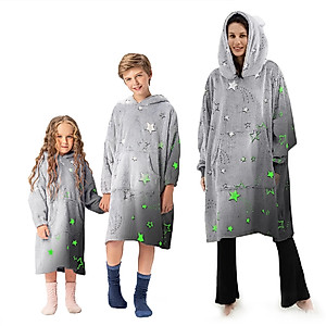 Cozy Bliss Wearable Blanket Hoodie Glow in The Dark Oversized Hooded Sweatshirt Lightweight with Giant Hood Pocket Super Soft Warm Comfy Plush Gifts for Kids Women Men Birthday Halloween Grey