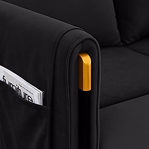 HomSof Modern Convertible Detachable Arm Pockets Velvet Loveseat Sofa with Pull Out Bed, 2 Pillows and Living Room Adjustable Backrest, Grid Design Armrests, Style D, Black