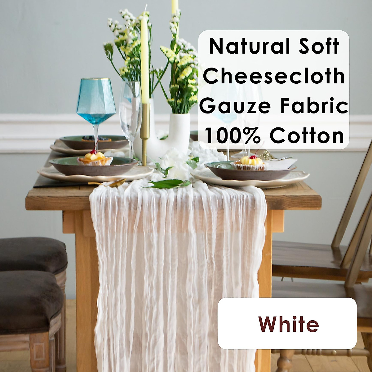 White Cheesecloth Table Runner Set of 2, 12 ft Cotton Gauze Runner Rustic Table Decorations, Cheese cloth Fabric Bulk for white party decor, bohemian table runner Extra Long Boho Cheese Cloth (142 in)