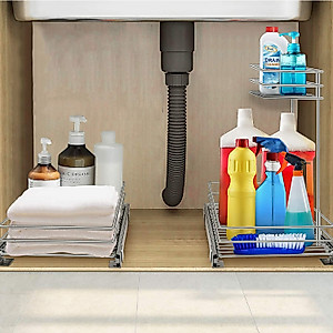 AHNR Pull Out Cabinet Organizer, 2-Tier Under Sink Slide Out Cabinet Storage Shelf + 1-Tier Heavy Duty Slide Out Pantry Shelves