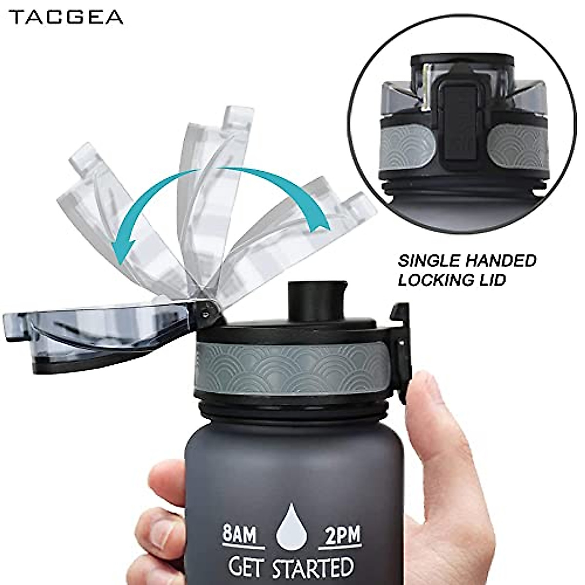 TACGEA Water Bottle 32oz, Motivational Sports Water Bottle with Time Marker to Drink, BPA Free and Leakproof, for Outdoor Fitness Sports and Office, Grey