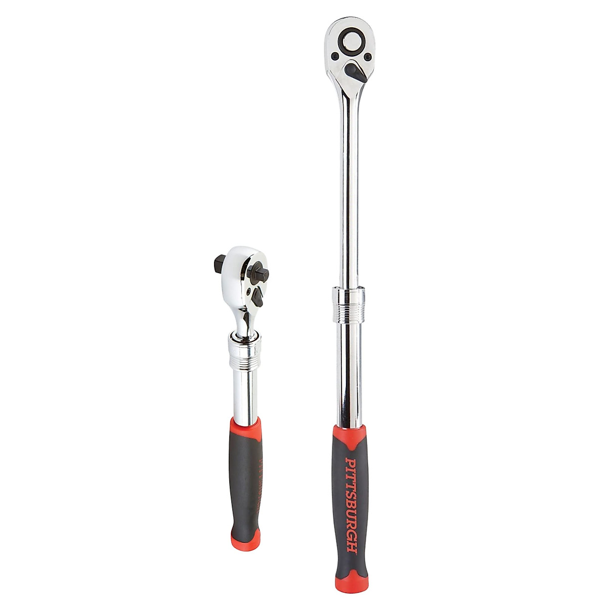 Pittsburgh Pro 2 Piece Extendable Ratchet Set Dual Drive Single Socket 72-Tooth Quick-Release Reversible CR-V Extendable, Red, Black, 62311, 62312, Extends13.5-''; 1/2-'' Extends 18-''