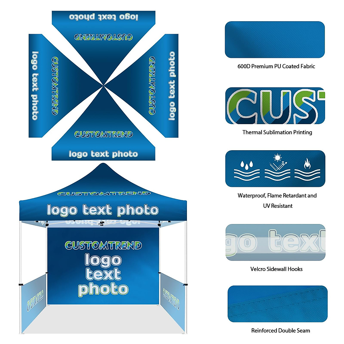 Custom Tents 10x15 with Logo, Custom Canopy Tent 10x15 with Logo, Personalized Pop Up Tent Canopy for Tradeshow Outdoor Events Advertising, Roller Bag Included (3 Full Walls)