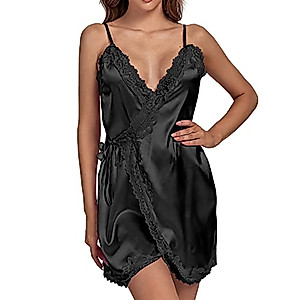 LYANER Women's Satin Lace Trim Babydoll Spaghetti Strap Wrap Tie Chemise Sleepwear Mini Dress Black Small