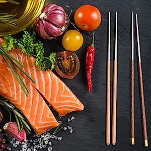 AKONEGE Reusable Chopsticks Wood Splicing Stainless Steel Chopsticks Metal Chopstick Lengthen Japanese Korean Chop Sticks 5 Pairs Gift Set, 9.8 inch