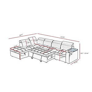 Microfiber Sectional Sleeper Sofa with Pull-Out Bed , 5 Seater Convertible L-Shaped Couch with Adjustable Headrest , Storage Armrest , Ottoman ,Cupholder ,360° Rotated Table ,USB Ports for Living Room