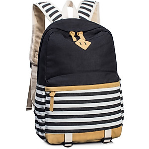 Leaper Navy Style School Laptop Backpack Girls Striped Canvas Bookbag Black