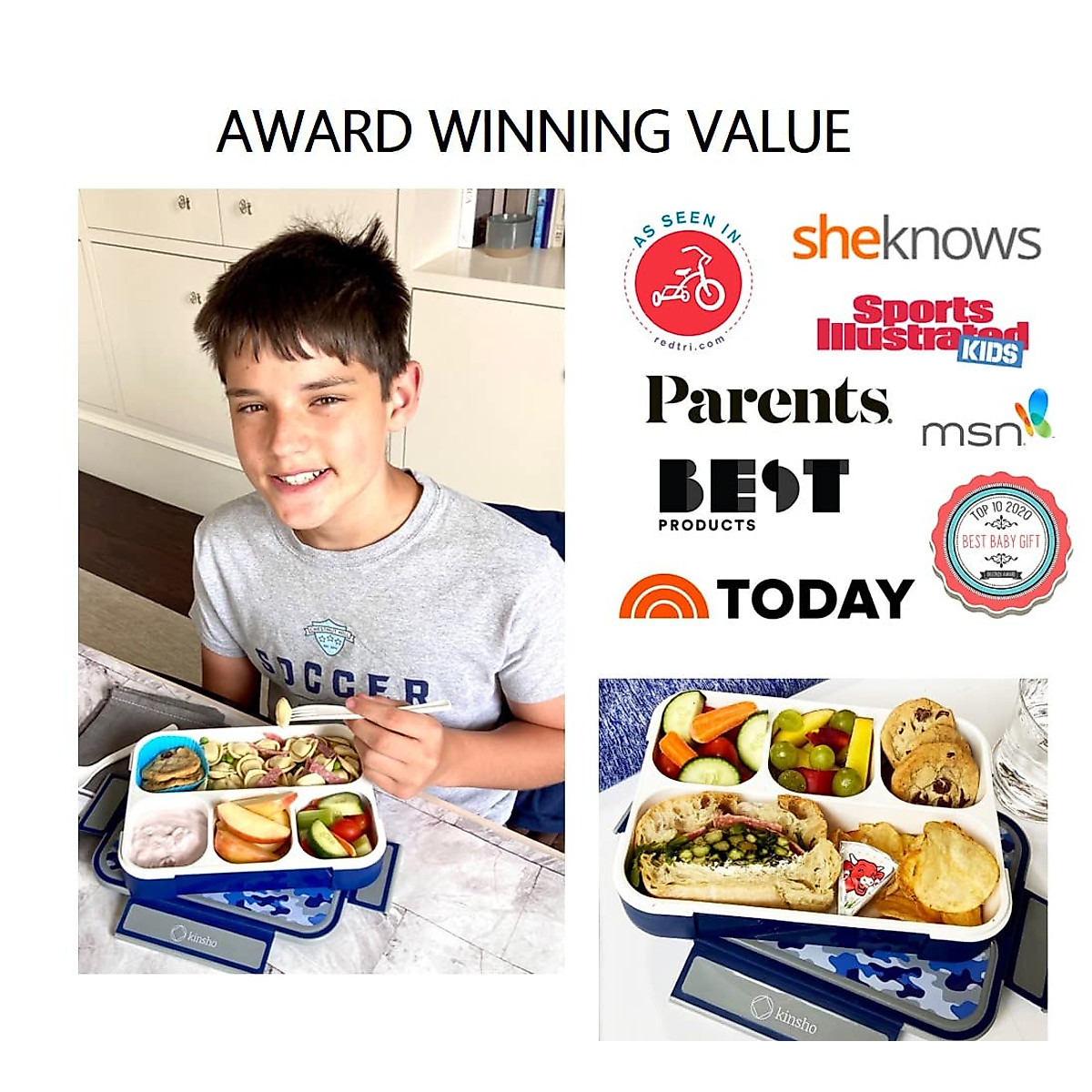 kinsho Camo Lunch-Box for Boys, Bento Box for Kids | Portion Containers for Snacks or School Lunches, BPA Free Boxes Meal Containers Loncheras Para Niños | Blue Camouflage 4 Compartments