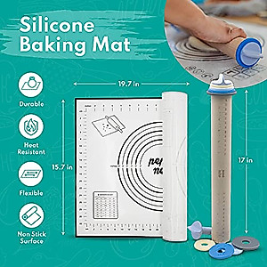 Pepe Nero Adjustable Wood Rolling Pin Set – Rolling Pin with thickness Rings – Cookie Rolling Pin - Pastry Cutter- Pasta Pizza Dough Fondant Roller – Best Rolling Pin - Baking Supplies - Dough Cutter