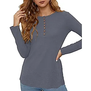 WNEEDU Women's Waffle Knit Tops Casual Long Sleeve Blouses Slim Fit Button Down V Neck Henley Shirt(Dark Gray,L)