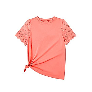 SweatyRocks Women's Eyelet Embroidery Short Puff Sleeve Top Round Neck Plain Tee Shirt Watermelon Pink S