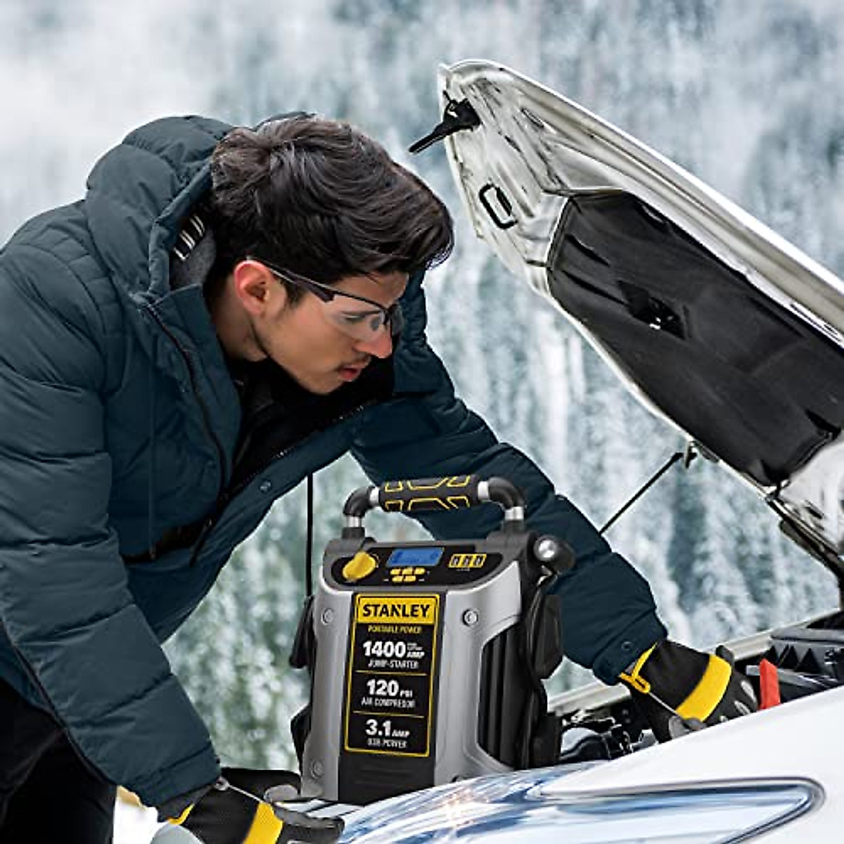 STANLEY J7C09D Digital Portable Power Station Jump Starter: 1400/700 Instant Amps, 120 PSI Air Compressor, 3.1A USB Ports, Battery Clamps