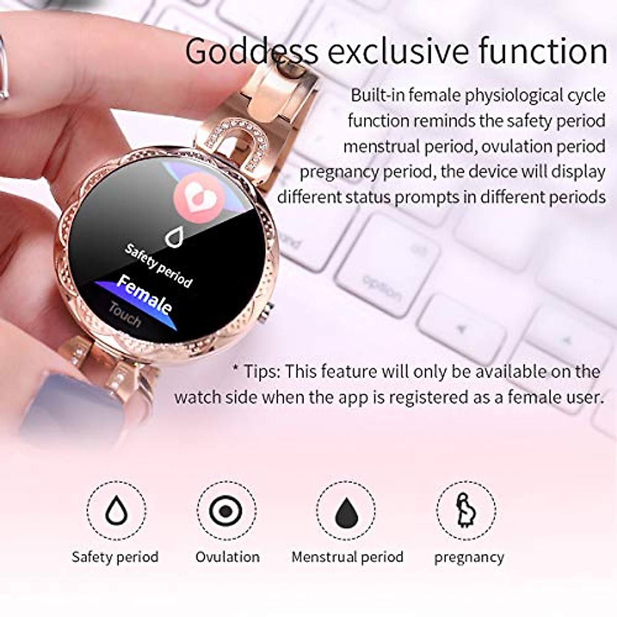 Rose Gold Smart Watch for Women，Ladies Smart Bracelet with Diamonds Stainless Steel Wristband, Elegant Fitness Tracker Pedometer Calorie Sleep Tracking Full Touchscreen for iOS Android Phones