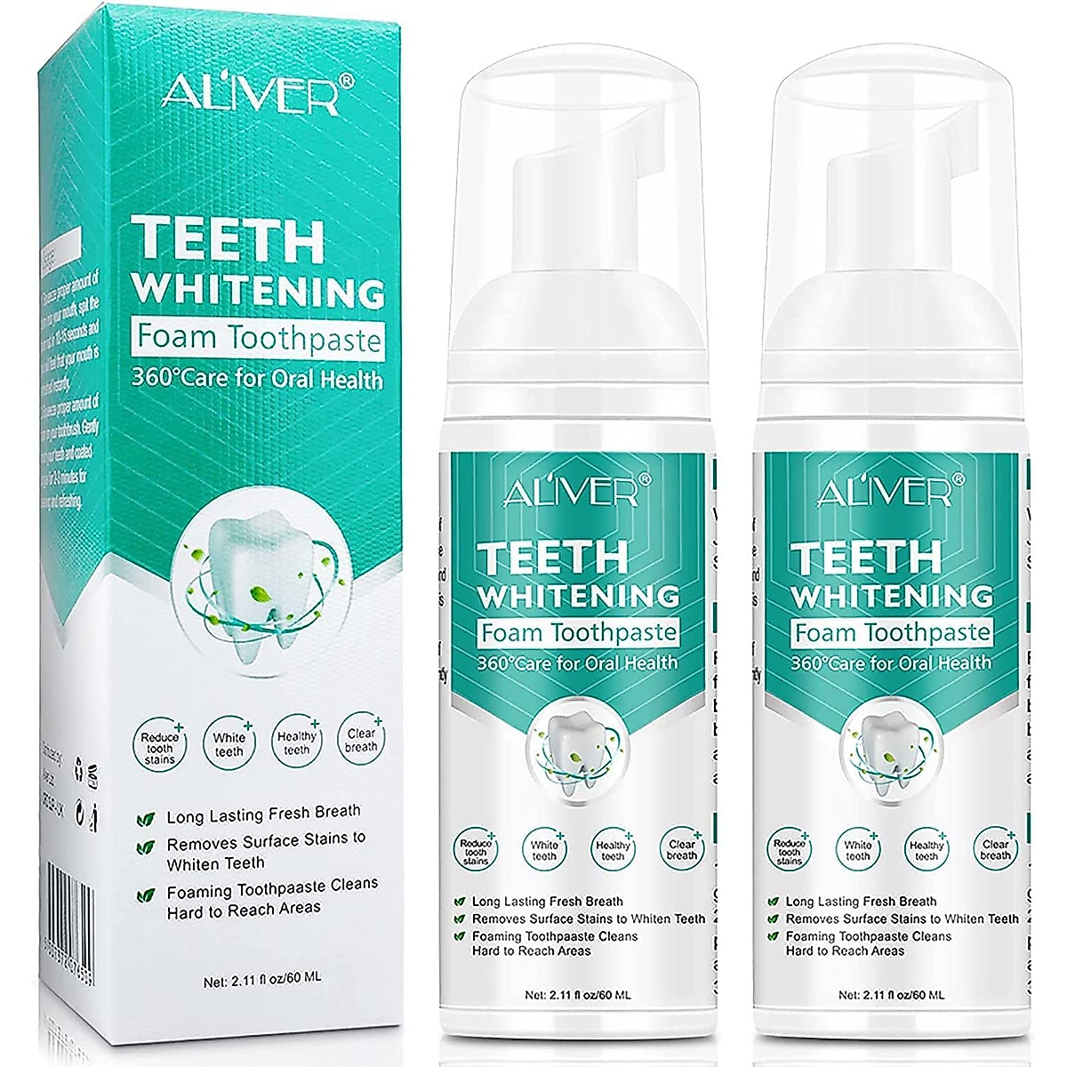 2 Pcs Foam Toothpaste, Ultra-fine Mousse Foam Deeply Cleaning Gums, Whitens Teeth & Deeply Gums Care & Easy to Use, 360ºCare for Oral Health, 60ml*2 (Mint, 2pcs)