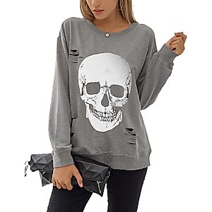 Blooming Jelly Women's Halloween Sweatshirts Skull Graphic T Shirts Long Sleeve Skeleton Shirt Gothic Fall Outfits 2024 (Medium, Grey)