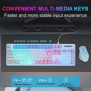 HUO JI Gaming Keyboard USB Wired with Rainbow LED Backlit, Quiet Floating Keys, Mechanical Feeling, Spill Resistant, Ergonomic for Xbox, PS Series, Desktop, Computer, PC, Blue Purple