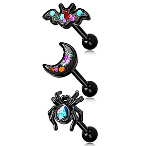 Melighting Black Helix Earrings 16G Spider Cartilage Earrings Surgical Steel 316L Halloween Bat Tragus Piercing Jewelry Moon Helix Stud Piercing Jewelry for Women Men