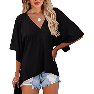 Womens V Neck 3/4 Bell Sleeve Blouse Tops Summer Loose Solid Kimono Shirt Patchwork Irregular Hem Tunic Black