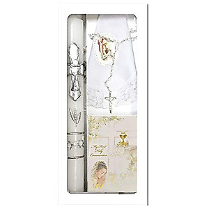 Lito First Communion Candle Set for Girls - White Silver Cross Candle Set Kit for Holy 1st Communion - English
