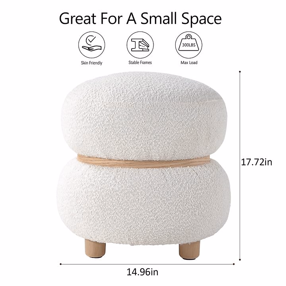 Get Set Style Round Ottoman with Soft Padded Seat, Multifunctional Vanity Chairs for Makeup, Upholstered Footrest Stool Ottoman Foot Stool for Living Room, Bedroom (White)