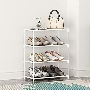 Vockot Small Shoe Rack 6-8 Pairs Sturdy Shoe Shelf 4-Tiers Narrow Stackable Shoe Organizer,Lightweight Kids Shoe Racks for Entryway, Doorway and Closet（White）