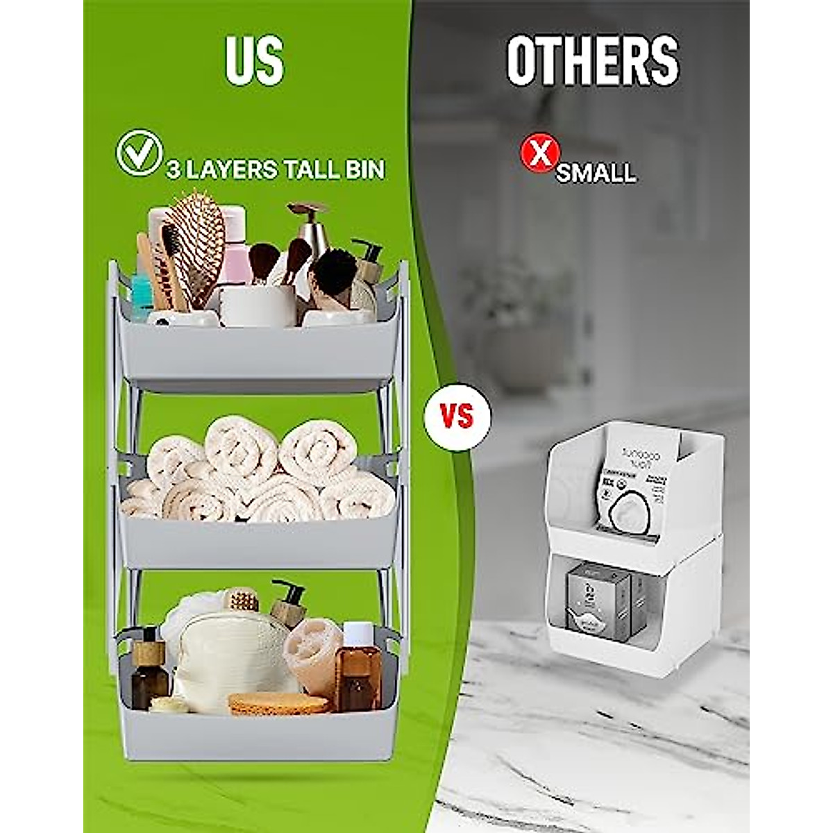 Skywin 3-Tier Plastic Stackable Storage Bins 11.4" x 11" x 19.7" with Brackets for Extra Protection - For Pantry Storage, Kitchen Storage, and Bathroom Storage (Grey)