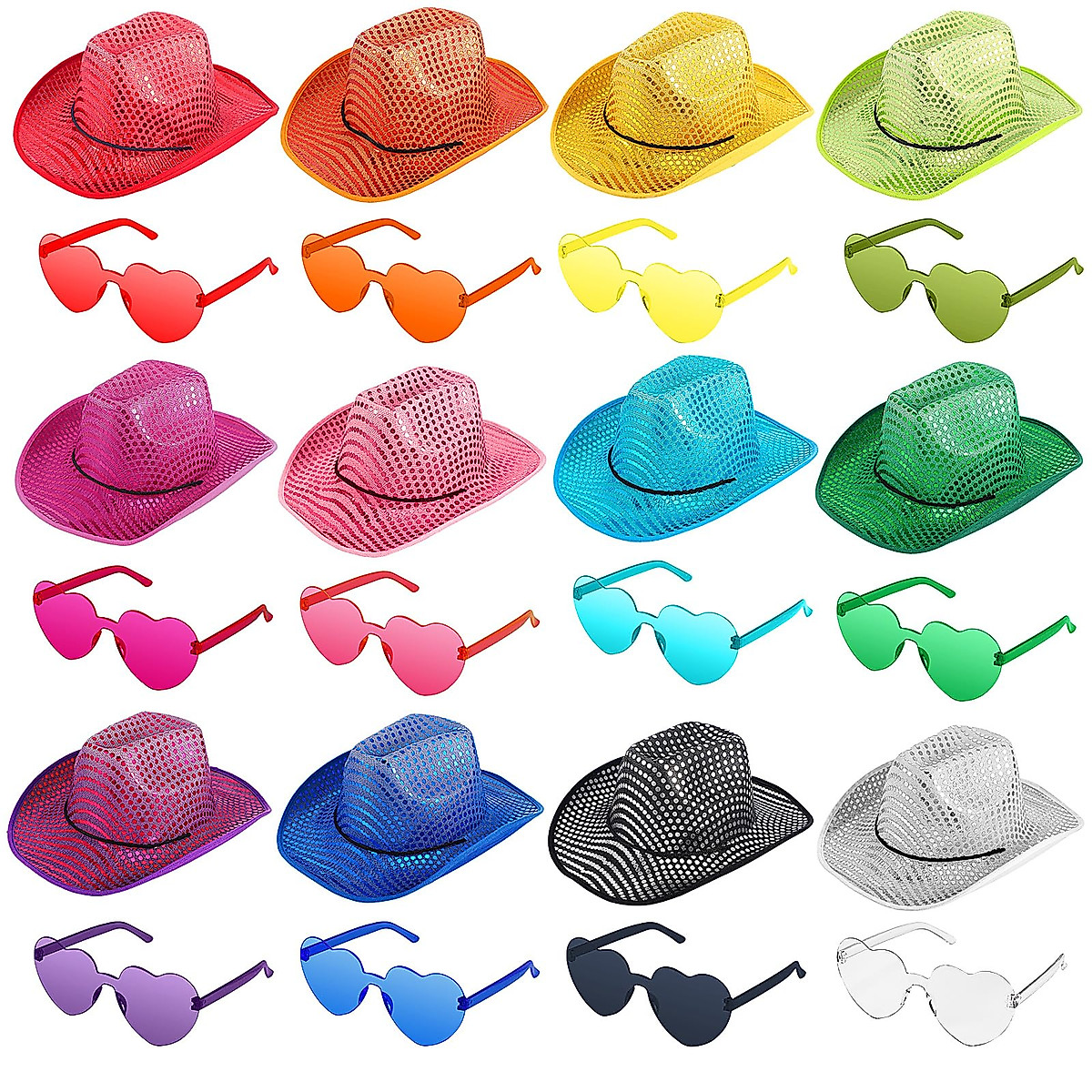 Bonuci Sequin Glitter Cowboy Hat and Heart Shape Rimless Sunglasses Sparkly Party Favor for Women Men Girls Boys(24 Pcs)