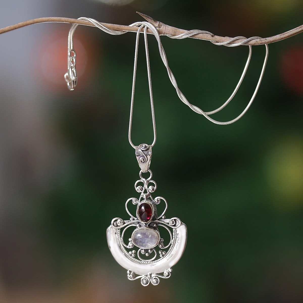 NOVICA Artisan Handcrafted Rainbow Moonstone Pendant Necklace | .925 Sterling Silver Birthstone Necklace | Garnet Pendant Necklace | Teardrop Pendant Necklace | Handmade Pendant Necklace