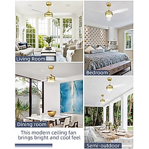 YOUKAIN Modern Ceiling Fan, 52 Inch Gold Ceiling Fan with Light and Remote Control, LED Ceiling Fan with 3 White Blades for Living room, Bedroom, Bathroom, 52-YJ273-WH