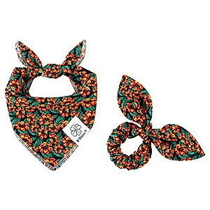 E-Clover Fall Dog Bandana & Matching Scrunchie Set Floral Dog Scarf Bibs with Bow Hair Tie for Small Dogs Puppy Owner Orange Green Gift