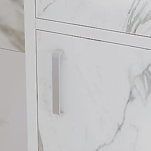 Homsee Reception Desk L-Shaped Office Desk with Counter, 1 Door Storage Cabinet, 1 Lockable Drawer, Hutch Shelf and Keyboard Tray (White Marble)