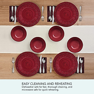 Pfaltzgraff Trellis Snowflakes 12 Piece Dinnerware Set, Service For 4, Red