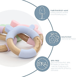 GooseWaddle Luxury Wood Baby Teether, Natural Long Lasting Silicone Teething Toys for Infants Age 4+ Months, Relieve Baby Pain and Sore Gums, BPA Free and Chemical Free (Pink Rabbit)