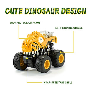 Henoda Dinosaur Toys Pull Back Cars, 2 Pack Monster Truck for 3+ Year Old Boy, Educational Push and Go Friction Powered Cars, Easter Birthday Gifts for 3 4 5 6 Year Old Boys Girls(Yellow)