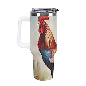 Rooster Picture 40 Oz Stainless Steel Cup Travel Tumbler with Handle and Straw Lightweight Coffee Mug for Home Office