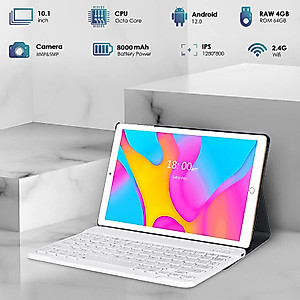YOTOPT Tablet 10.1 Inch 2 in 1 Android 12 Tablet with Keyboard Case Bundle, Octa-Core Processor, 4GB+64GB ROM 1TB Expand, 8000mAh, WiFi, Bluetooth, GPS, Parent Control Tablets