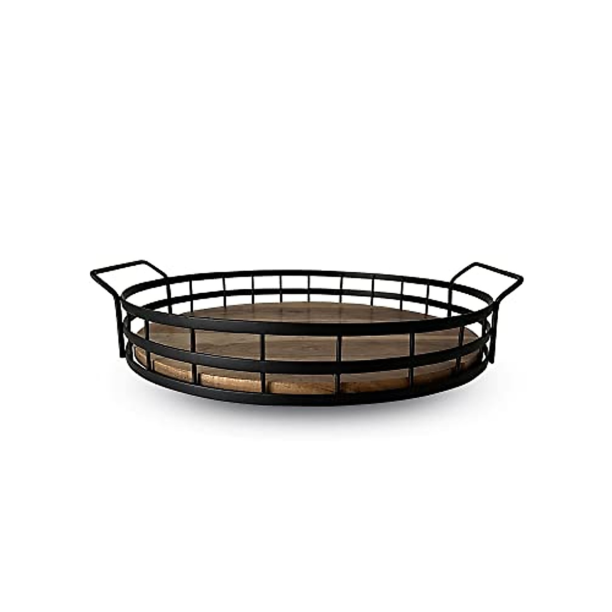 Farmhouse Round Wooden Tray with Black Metal Frame & Acacia Wood Base with Handles. This Round Tray is an Ideal Decorative Tray, Coffee Table, Drinks or Serving Tray by Cube Home