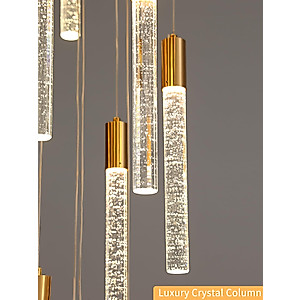 12 Lights 118" Modern High Ceiling Chandelier Crystal Gold Light Fixtures Dimmable Long Hanging Pendant Lighting Fixtures for Staircase Living Room Foyer Hallway Flush Mount Ceiling Light Polished