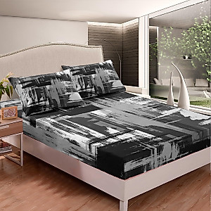 Feelyou Grey Black White Abstract Bed Sheets Set King Size Geometric Sheet Set for Kids Stripe Line Sheets with Deep Pocket Fitted Sheet Women Men Teens Ultra Soft Decor Modern Art Bedding Set
