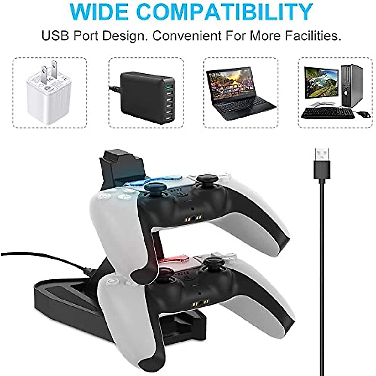 Find-MyWay PS5 Controller Charger, Dual USB Charging Station for Playstation 5 DualSense Controller Charger Charging Dock Station Stand with LED Indicator, Compatible for Sony PS5 DualSense Controller