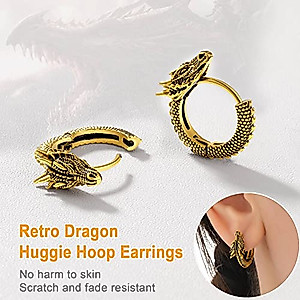 Huggie Stud Earrings for Men Women 18K Gold Plated Stainless Steel Punk Rock Dragon Earings