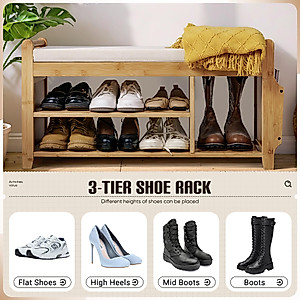 YESHOMY 2 Tier Shoe Rack Bench with Hidden Drawer and Side Holder, Bamboo Storage Organizer for Entryway Hallway Living Room, Nature