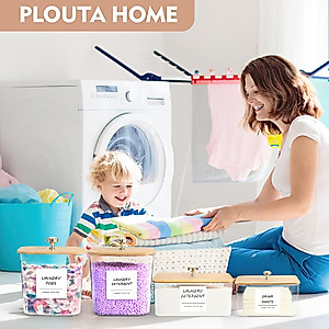 PLOUTA HOME 4 Pack Laundry Room Organization Storage Containers, Plastic Clear Laundry Pods Container & Dryer Sheet Holder Jars with Lids, Scoops & Labels for Detergent, Powder, Dryer Balls, Beads