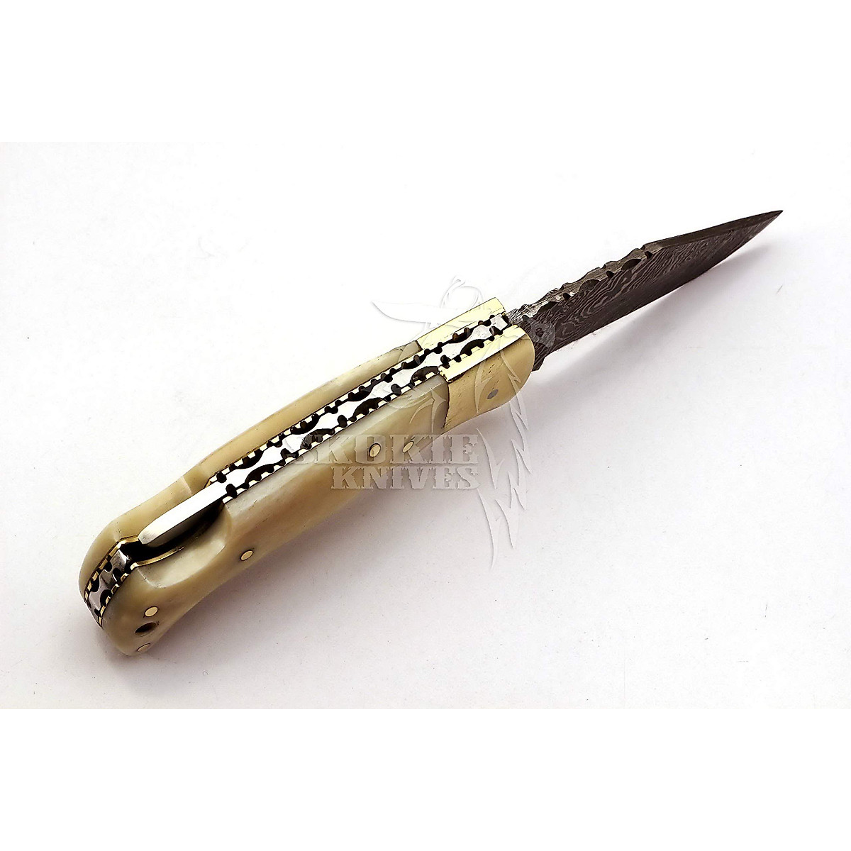 Skokie Knives Custom Hand Made Damascus Steel Hunting Folding Knife Handle Camel Bone