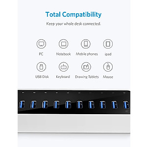 Anker USB A Hub, USB 3.0 Hub, 10 Ports USB Hub for Laptop & PC, for MacBook, Mac Pro/Mini, iMac, XPS, Surface Pro, Galaxy Series, Mobile HDD and More